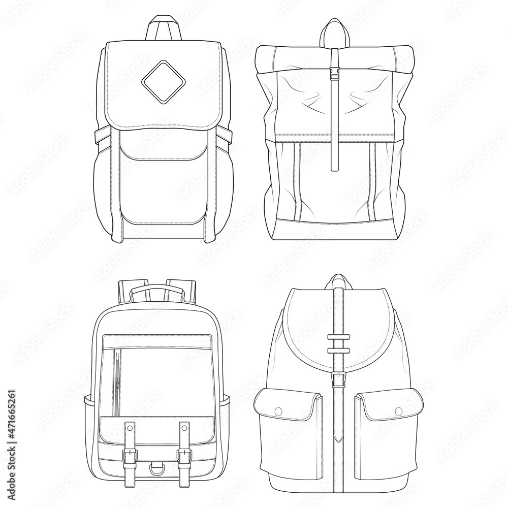 Set of backpack outline drawing vector, set of Backpack in a sketch ...