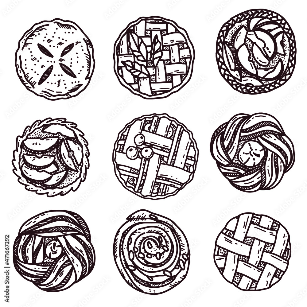 Collection of sweets and pastries. Cute sweet pies. Ink sketch set ...