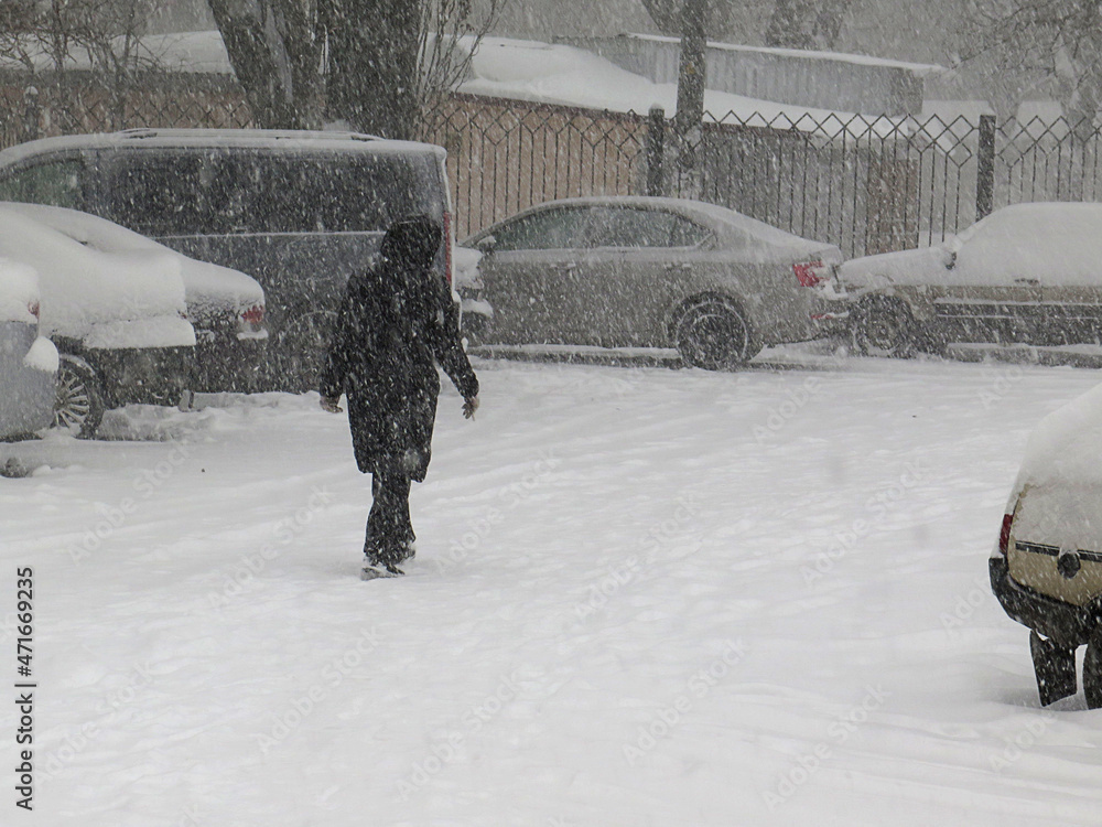 Overcast. Natural disasters winter, blizzard, heavy snow paralyzed city ...