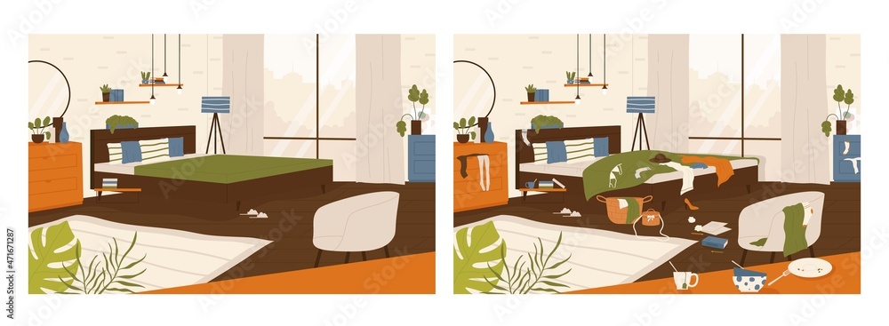 Dirty and clean room in modern style before and after cleaning ...
