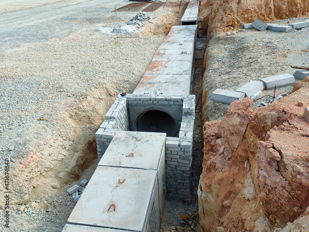 SELANGOR, MALAYSIA -JANUARY 22, 2021: Underground precast concrete box ...