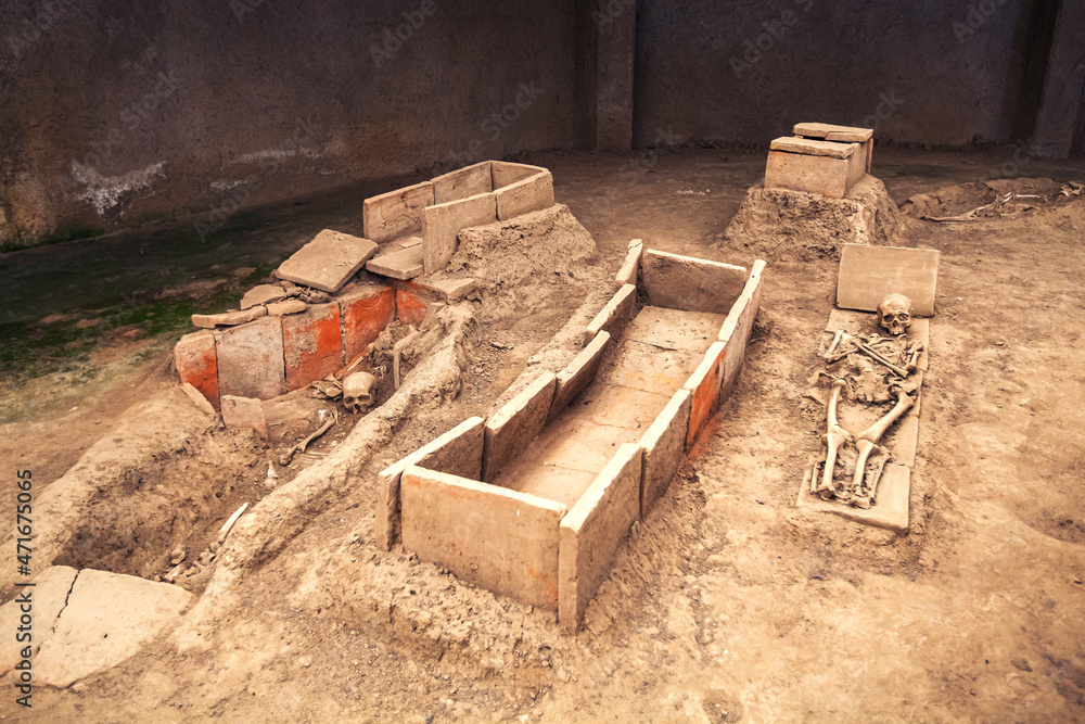 Remains of a human skeleton at in ancient tomb an archeological site ...