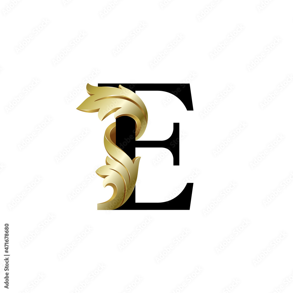 Initial letter E, 3D luxury golden leaf overlapping black serif font on ...