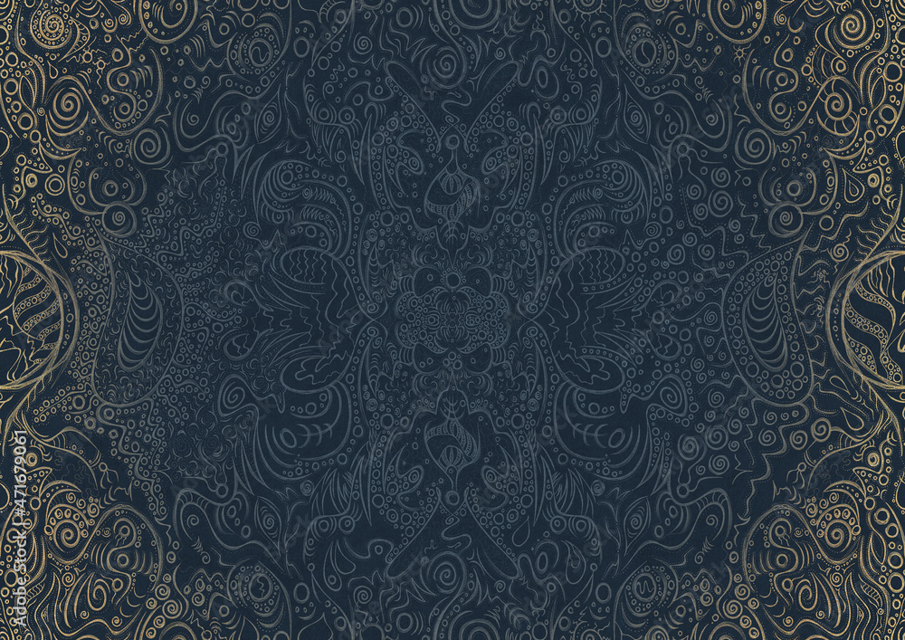 Hand-drawn unique abstract ornament. Light blue on a deep blue ...