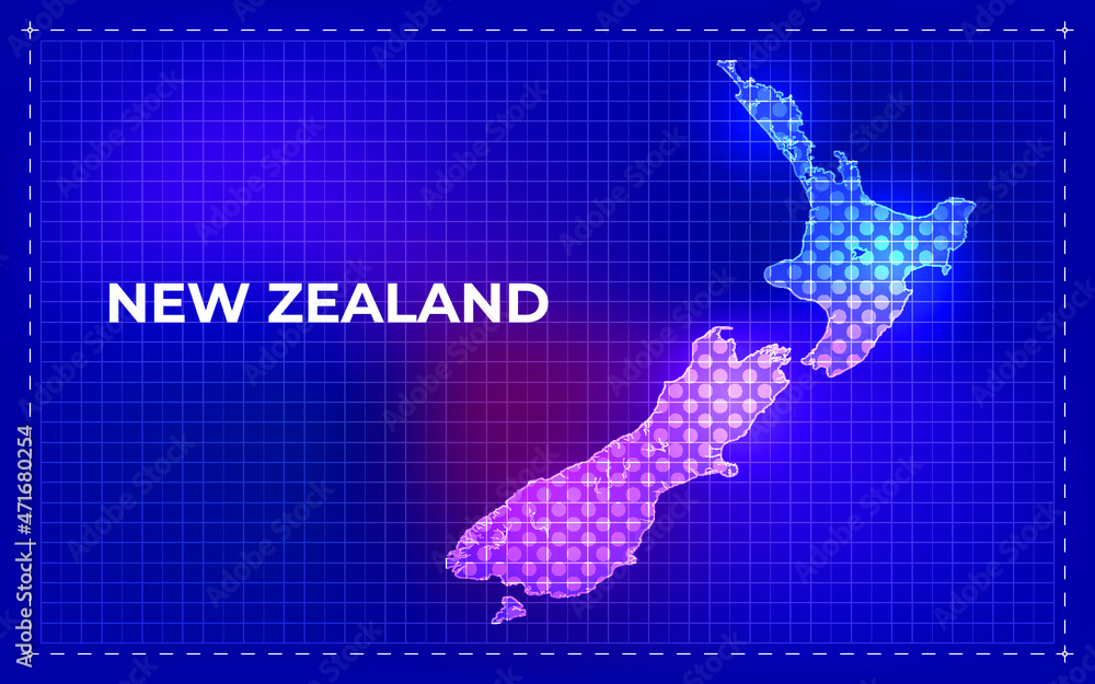 New Zealand Digital Map with glowing Dots and Technology background ...