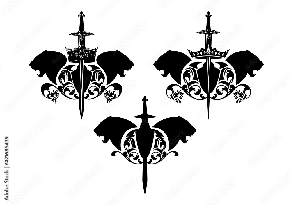 roaring panther heads with heraldic shield, sword, king crown and rose ...