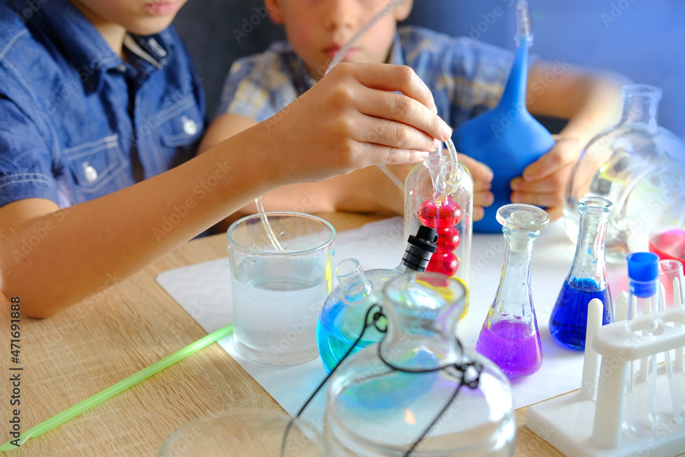 two children 7-9 years old, elementary school boys, do chemical ...