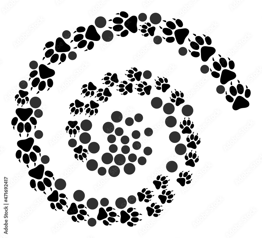 Tiger footprint icon spiral stream mosaic. Tiger footprint symbols are formed into spiral mosaic ...