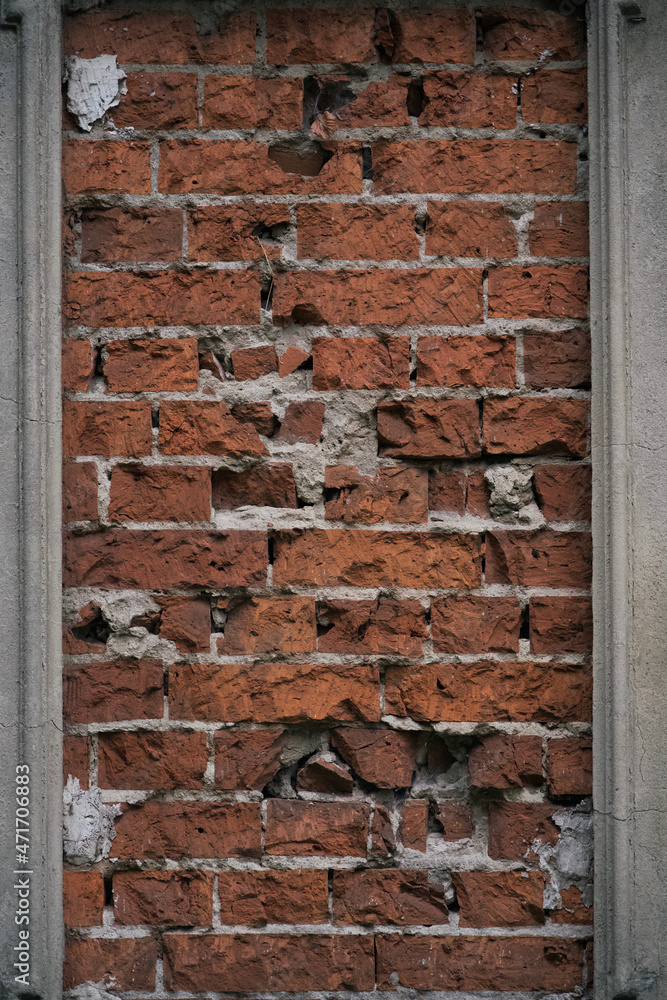 Red Stone Wall Texture with old Bricks and mortar on a damaged Cemetery ...