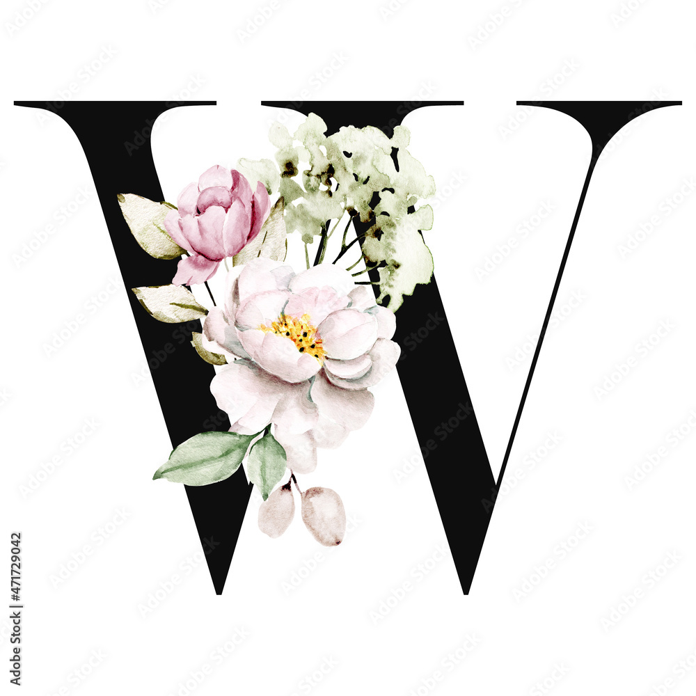 Floral alphabet, letter w with watercolor flowers and leaf. Monogram ...