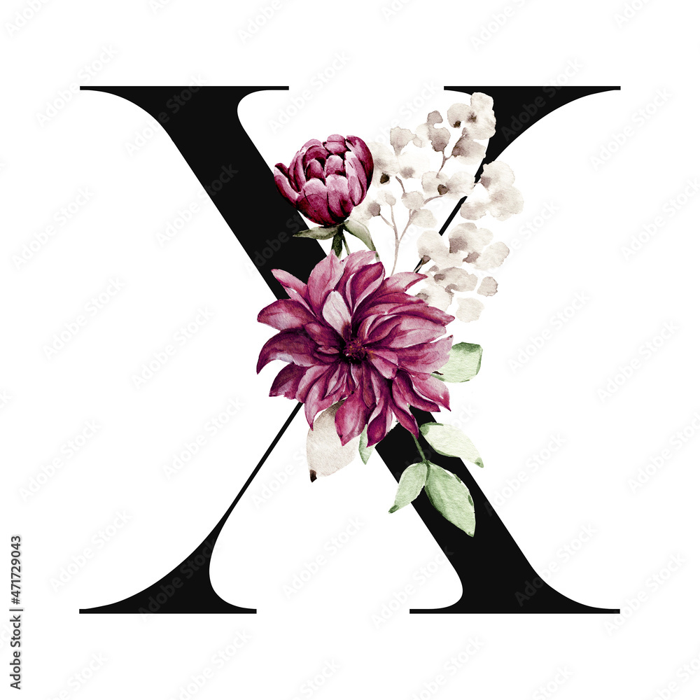 Floral alphabet, letter x with watercolor flowers and leaf. Monogram ...
