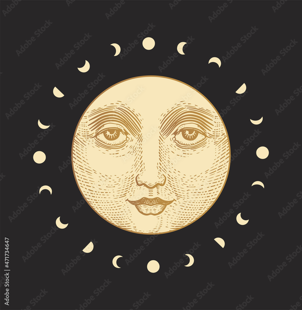 vintage moon face with moon phases, vector engraving Stock Vector ...