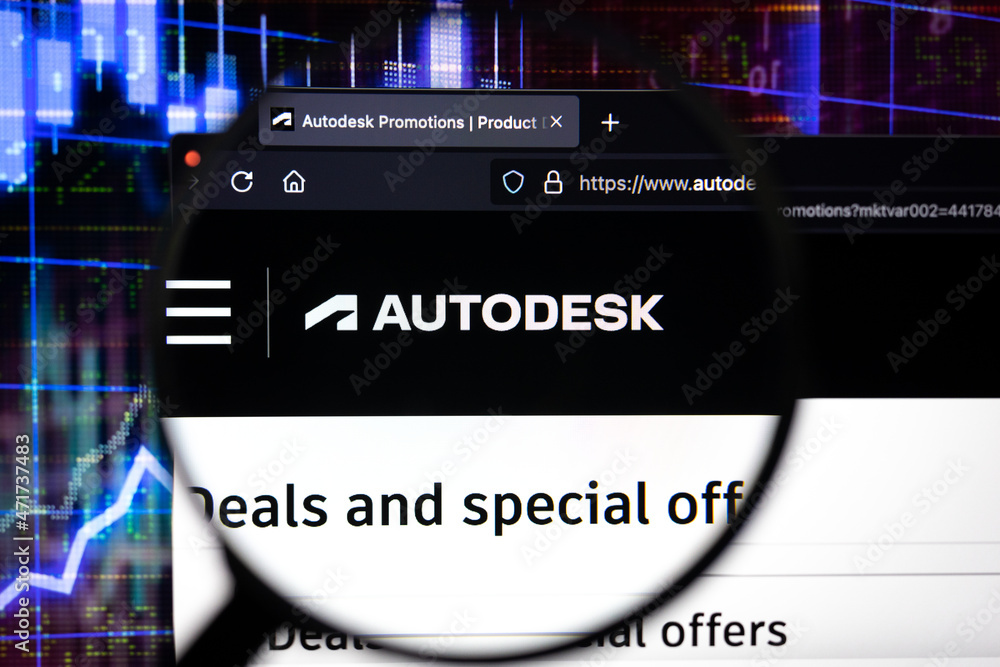 Autodesk company logo on a website, seen on a computer screen through a ...