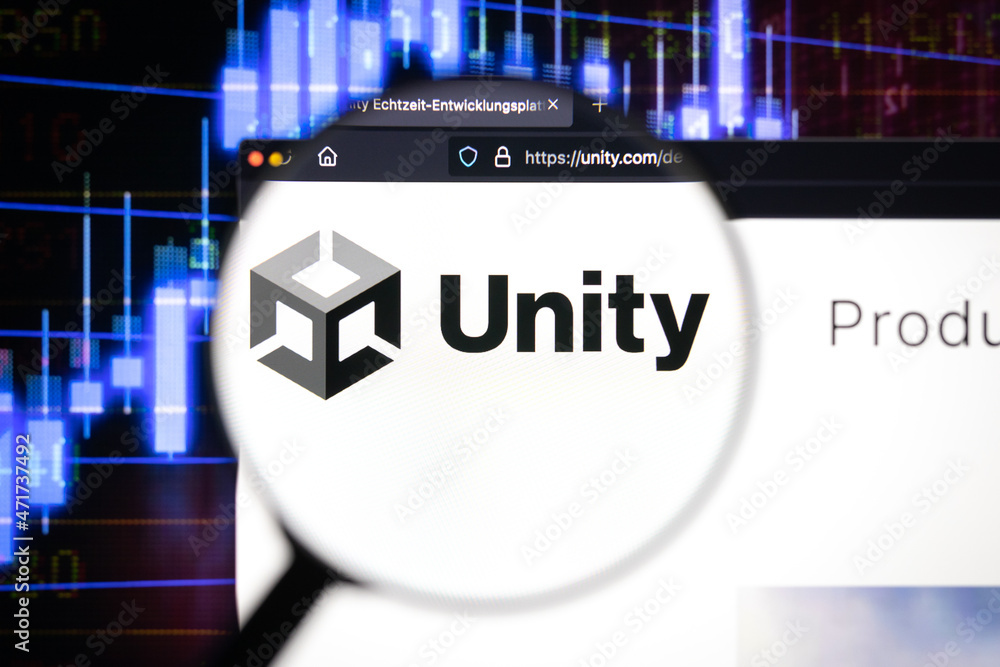 Unity game engine company logo on a website, seen on a computer screen ...