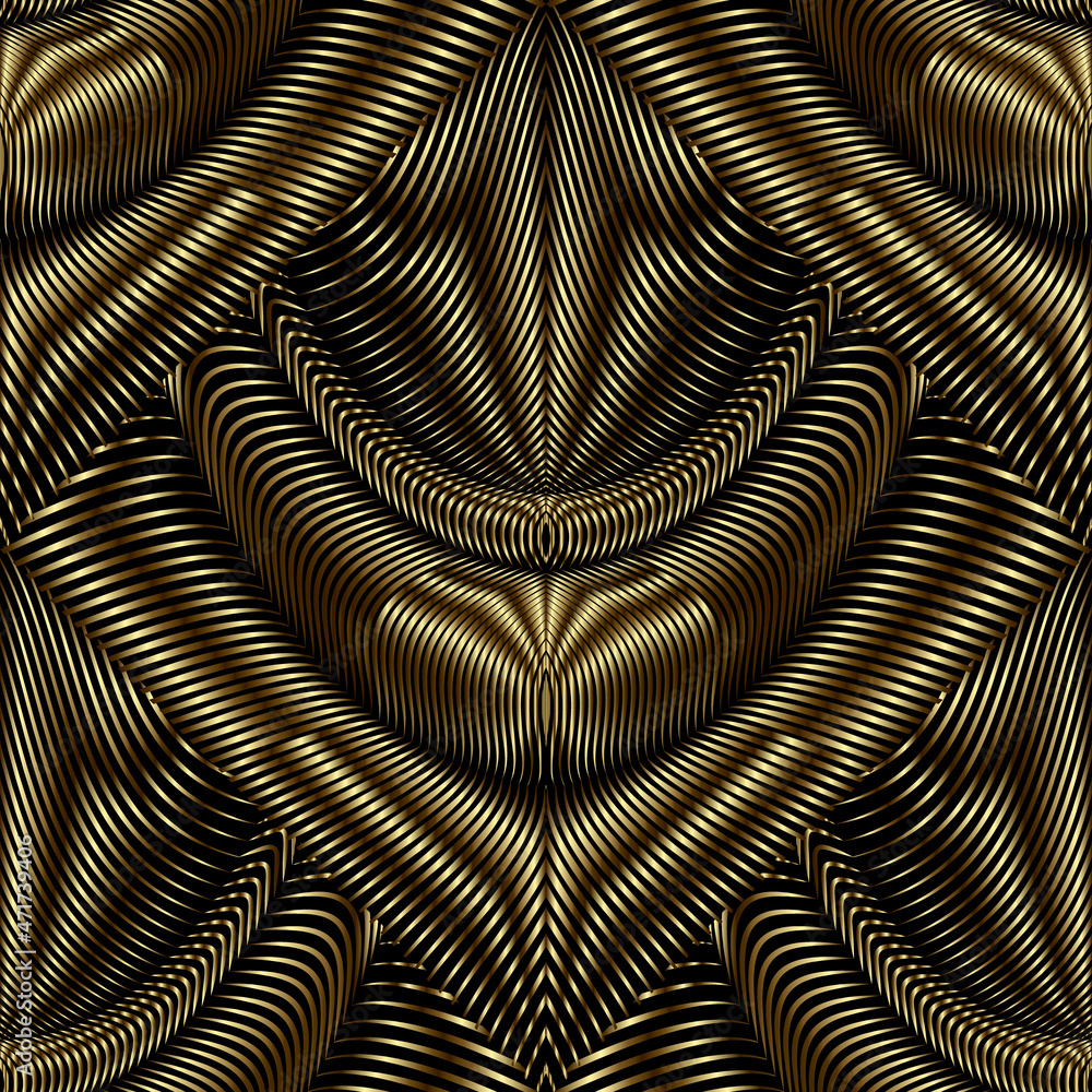 Gold drapery style 3d lines seamless pattern. Warped lines surface 3d ...