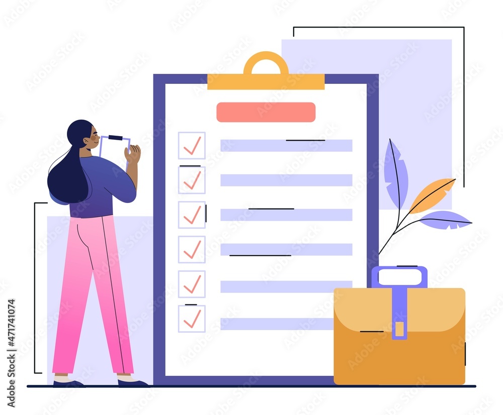 Concept of careers. Girl evaluates her resume. Employee checks list of ...
