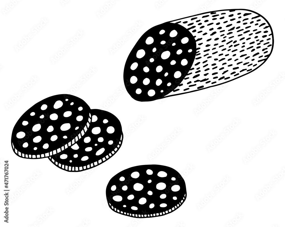 Salami sausage illustration. Black and white line art sketch. Doodle ...