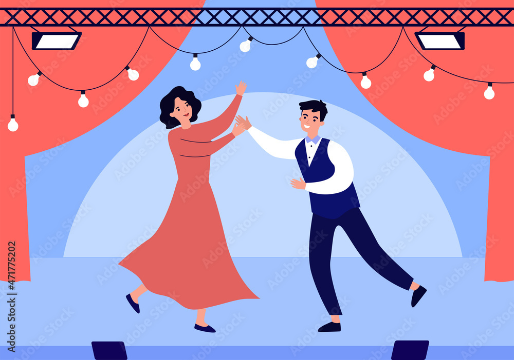Male and female characters dancing on stage. Actor and actress giving ...