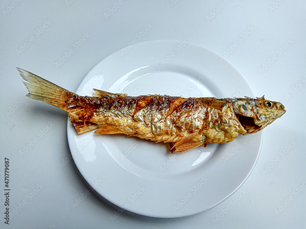 Fried fish, from Moolgarda seheli, or Valamugil seheli, or blue-spot ...
