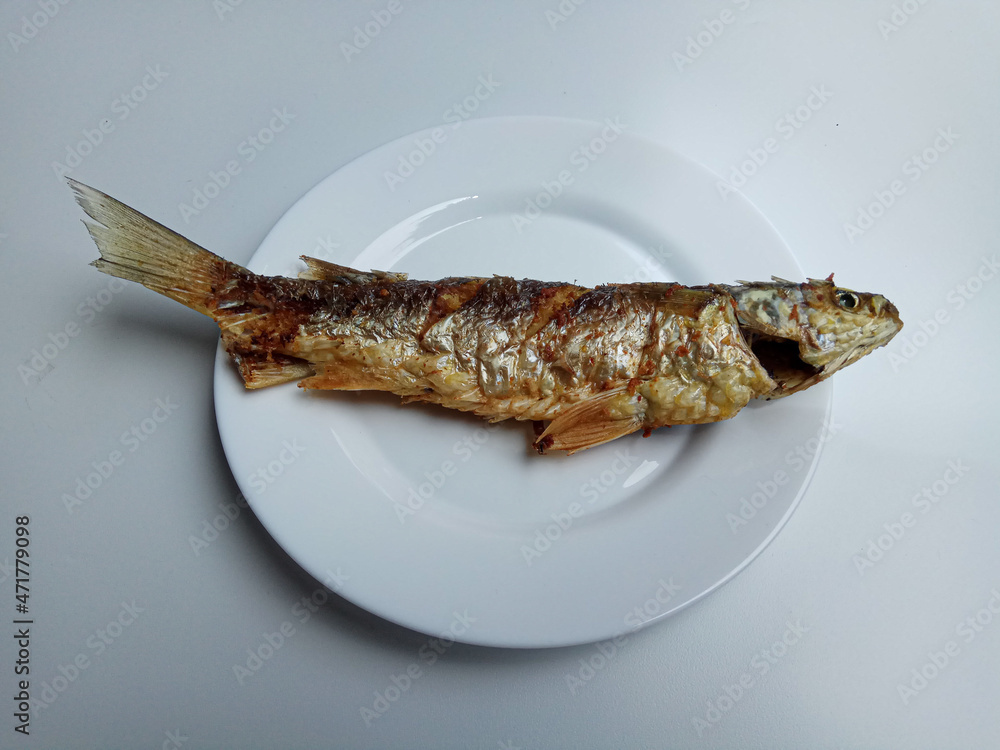 Fried fish, from Moolgarda seheli, or Valamugil seheli, or blue-spot ...