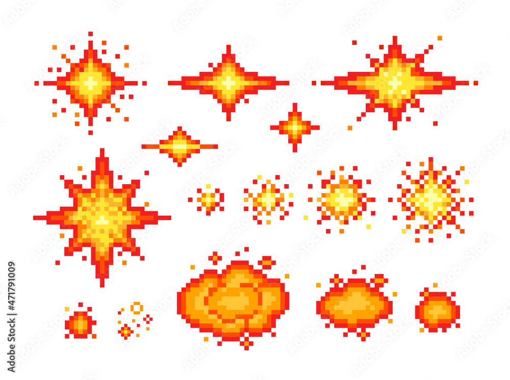 Pixel art cosmic Explosion vector set with cartoon flashes and sparks ...