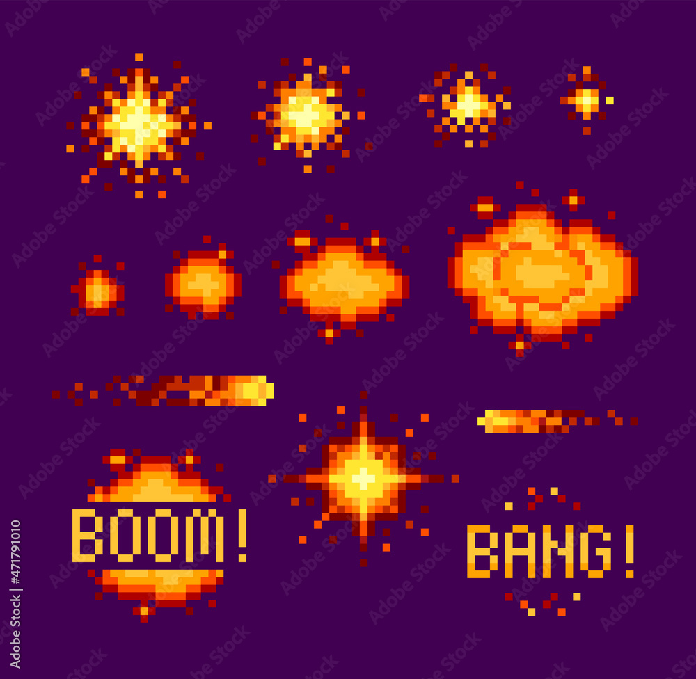 Pixel game Explosion set of cartoon flash light and sparks - vector ...