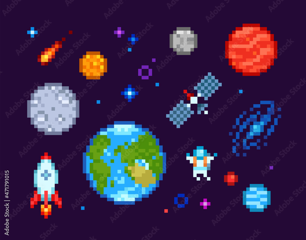 Pixel art planets and cosmic objects vector icon set of cartoon ...