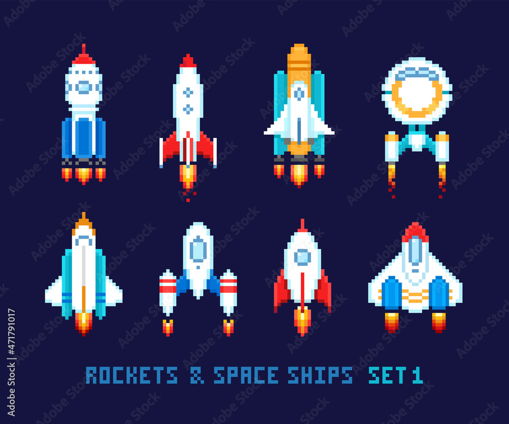Pixel art Rockets and Spaceships launch - isolated vector icon set ...