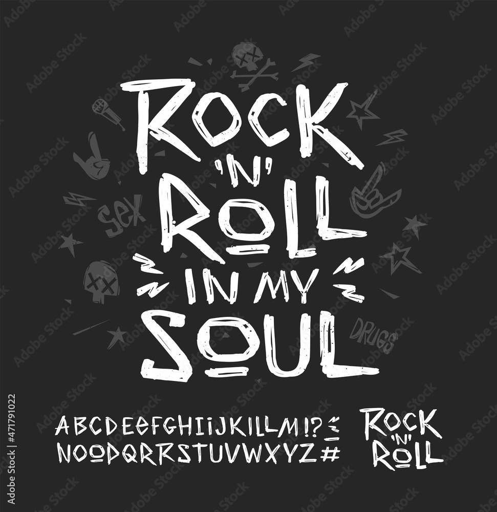 Rock'n'Roll in my Soul - music lettering quote with grunge style type ...
