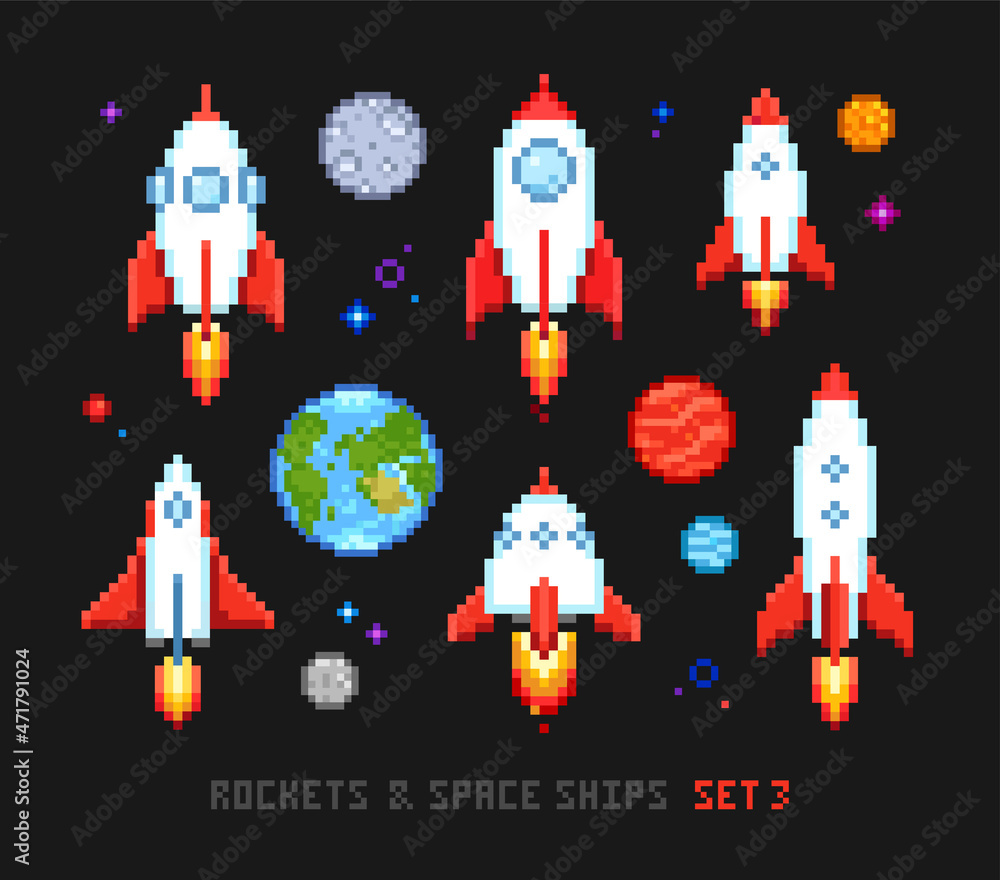 Pixel art Rockets and Spaceships with planets isolated vector icon set ...