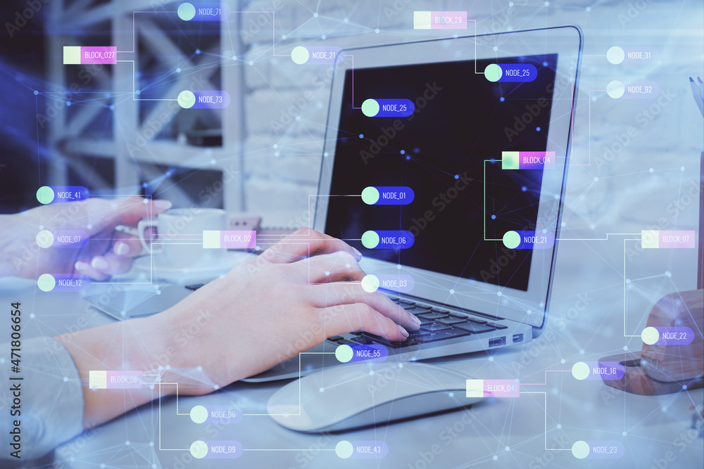 Double exposure of woman hands working on computer and data theme ...