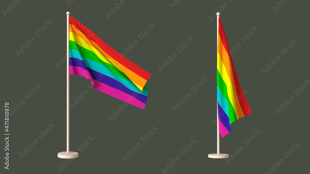 LGBT community flags waving on a flagpole and twisted against a neutral ...