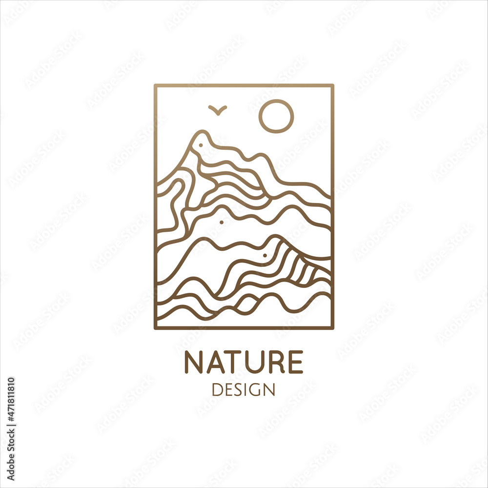 Linear nature logo. Mountain minimalistic landscape icon with waves ...