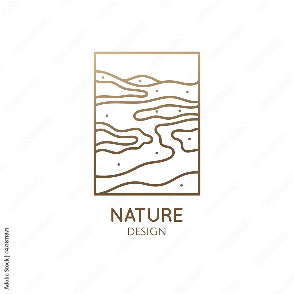 Linear nature logo. Mountain minimalistic landscape icon with waves ...