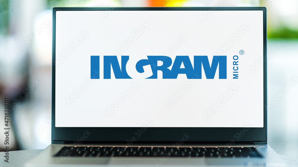 Laptop computer displaying logo of Ingram Micro Stock Photo | Adobe Stock