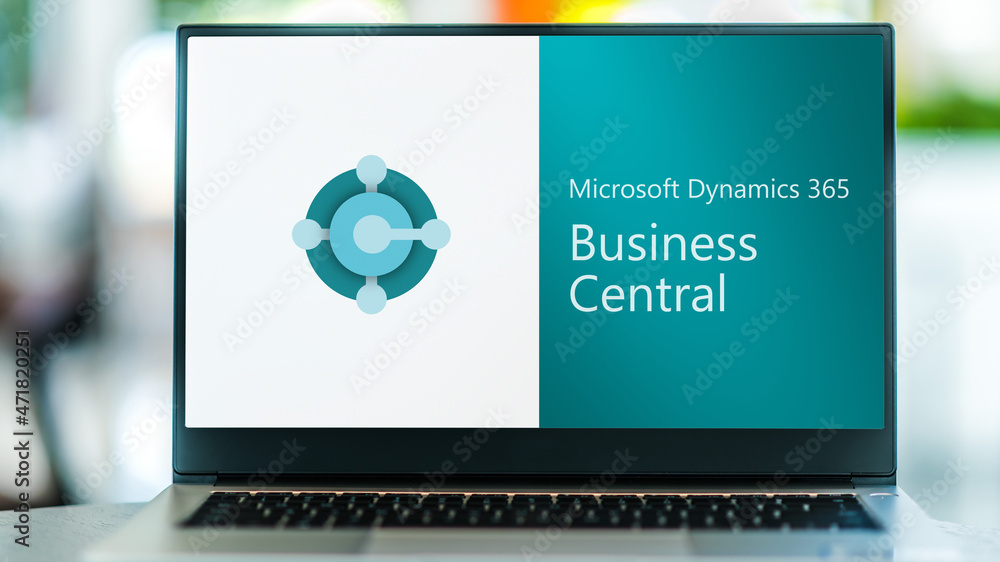 Laptop showing logo of Microsoft Dynamics 365 Business Central Stock ...