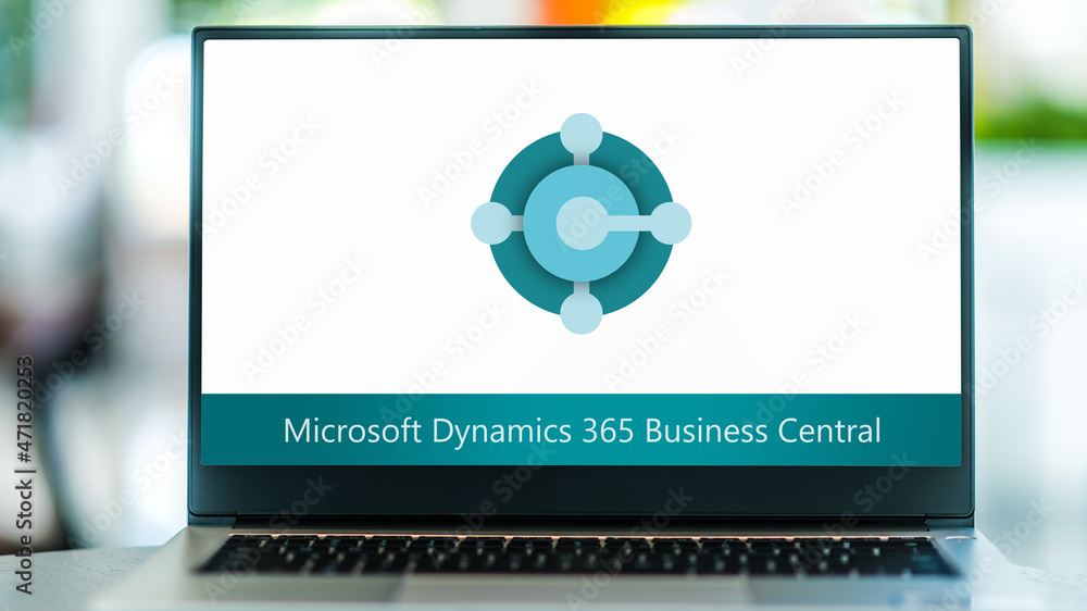 Laptop showing logo of Microsoft Dynamics 365 Business Central Stock ...