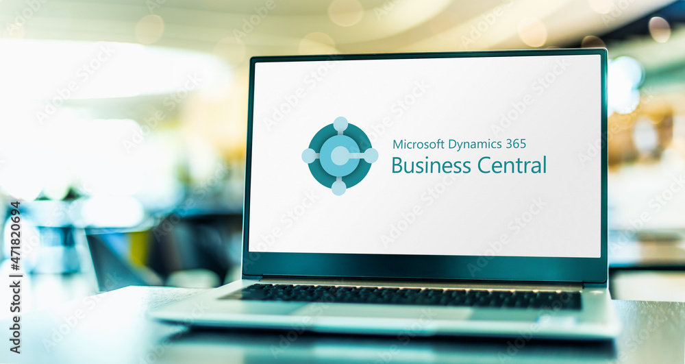 Laptop showing logo of Microsoft Dynamics 365 Business Central Stock ...