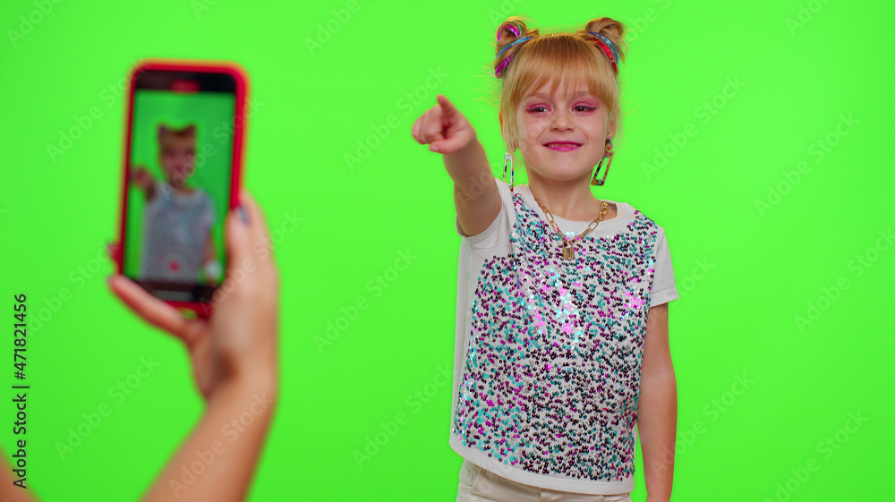 Happy funky young female blogger child kid girl, recording funny ...