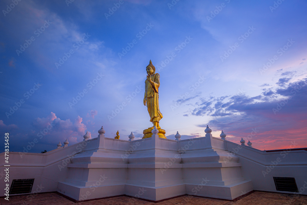 Buddha image or Buddha statue; Standing Buddha image with sunlight ray ...