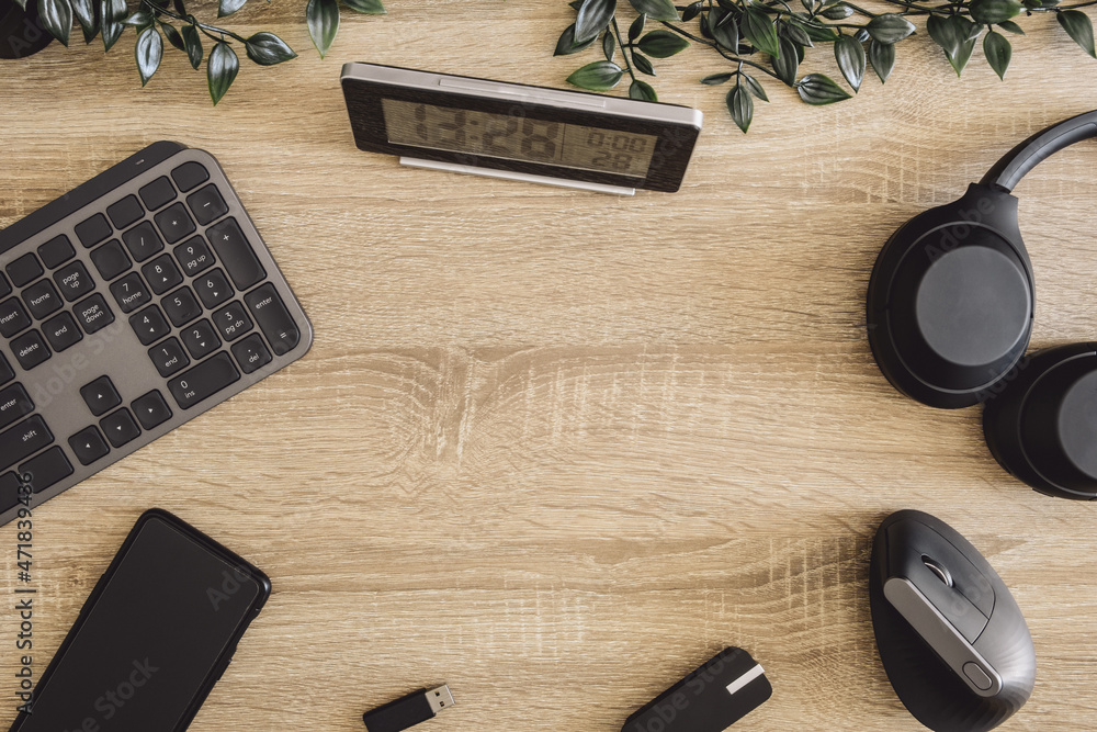 top view of home desk table with keyboard, ergonomic mouse and ...
