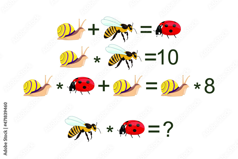 Math puzzle for kids. Logical game with bugs for children, middle level ...