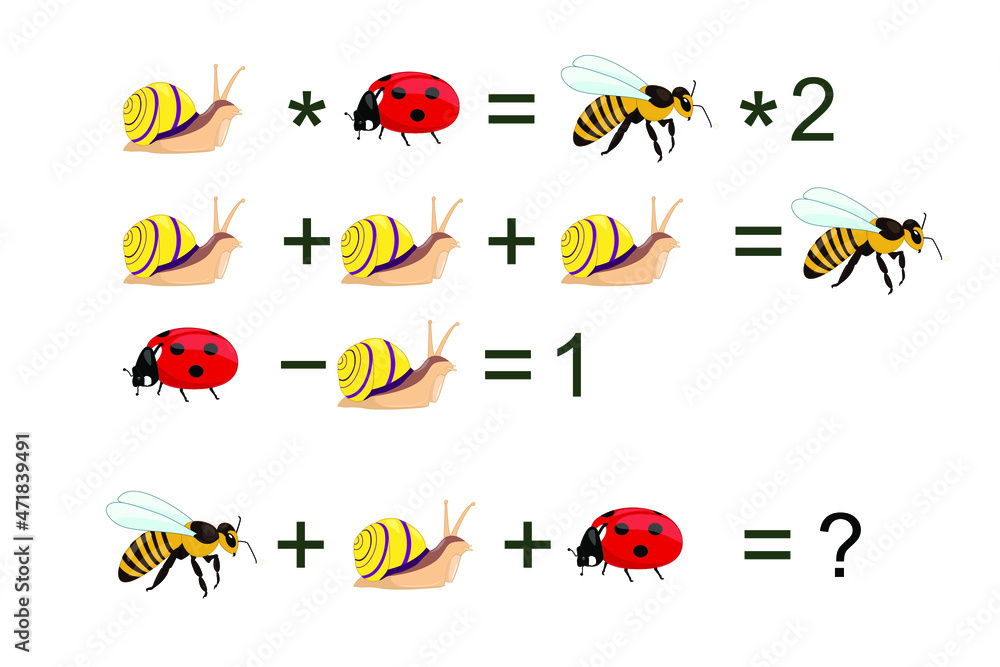Math puzzle for kids. Logical game with bugs for children, middle level ...