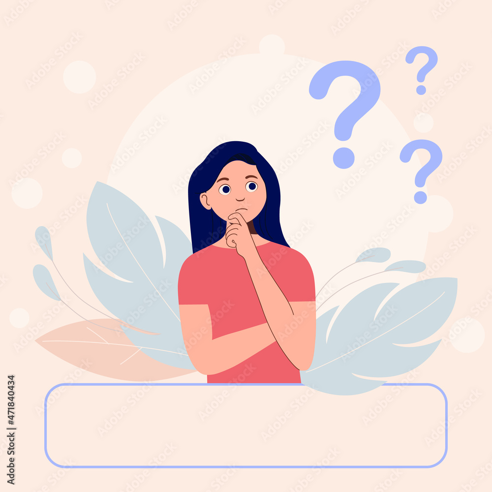 Sad girl confused thinking with lots of question mark signs around ...