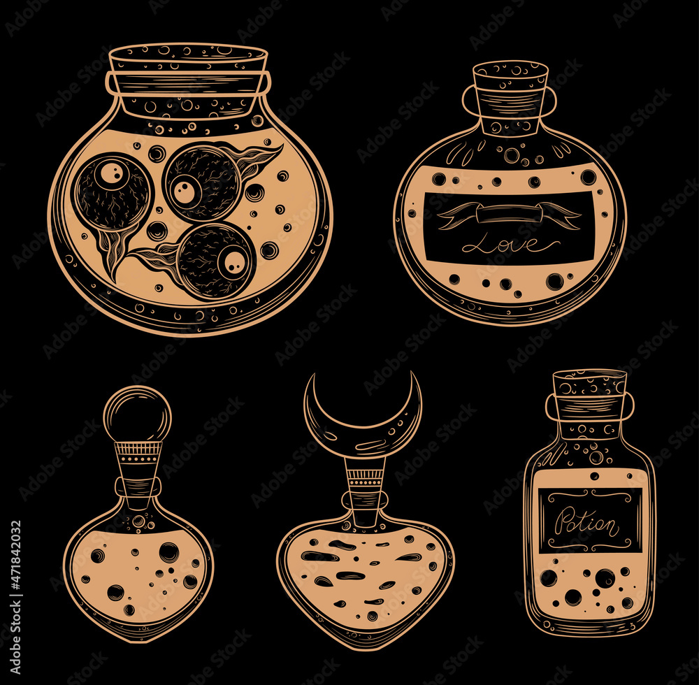 Potion bottle set. Hand drawn magic bottles collection. Alchemy ...