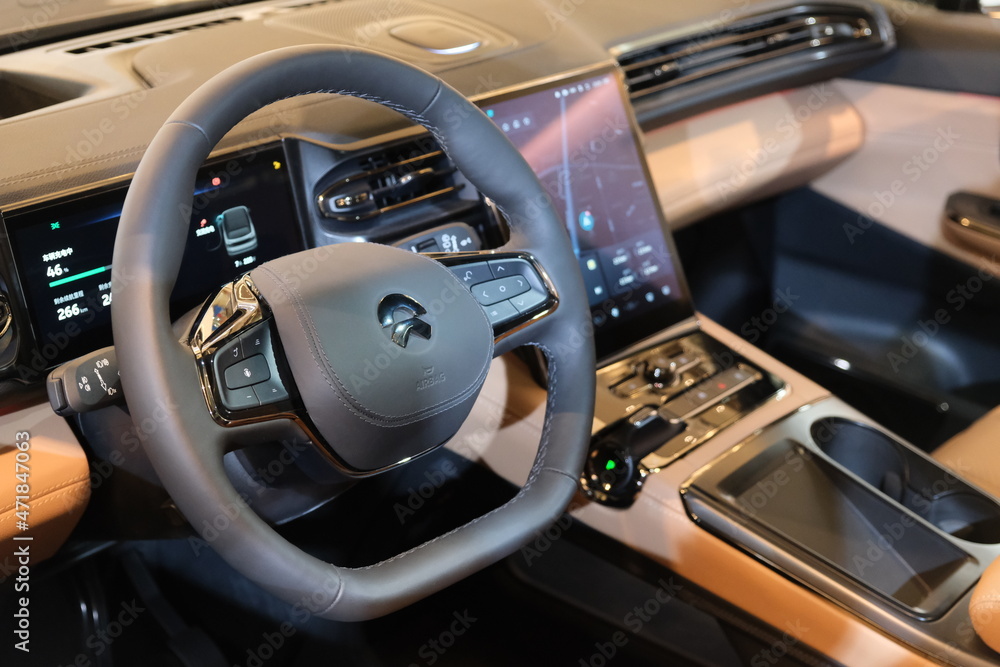 Shanghai.China-nov.27th 2021: inside of NIO electric car and brand logo ...