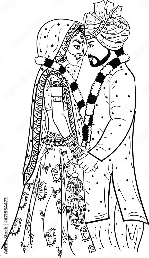INDIAN WEDDING SYMBOL INDIAN GROOM AND BRIDE BLACK AND WHITE LINE ...
