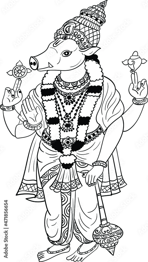Indian god Varaha symbol clip art black and white line art illustration ...