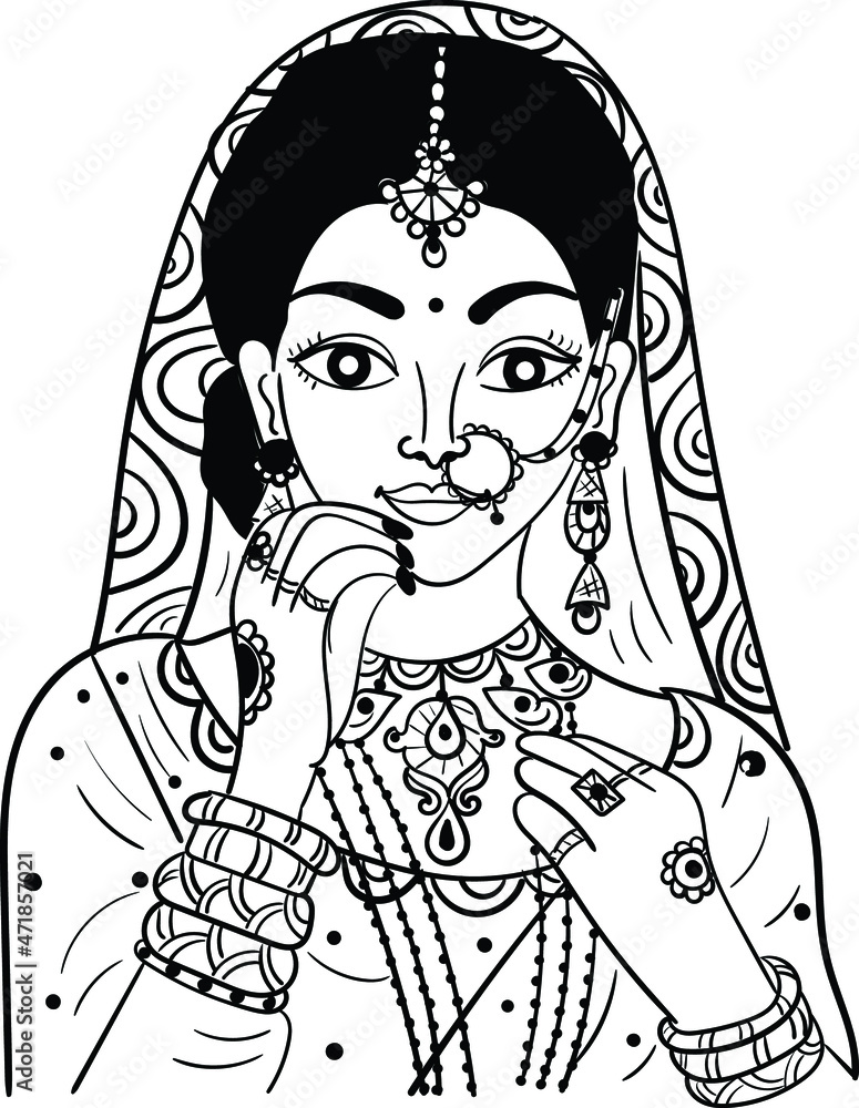 Indian bride black and white line drawing clip art. Indian wedding clip ...