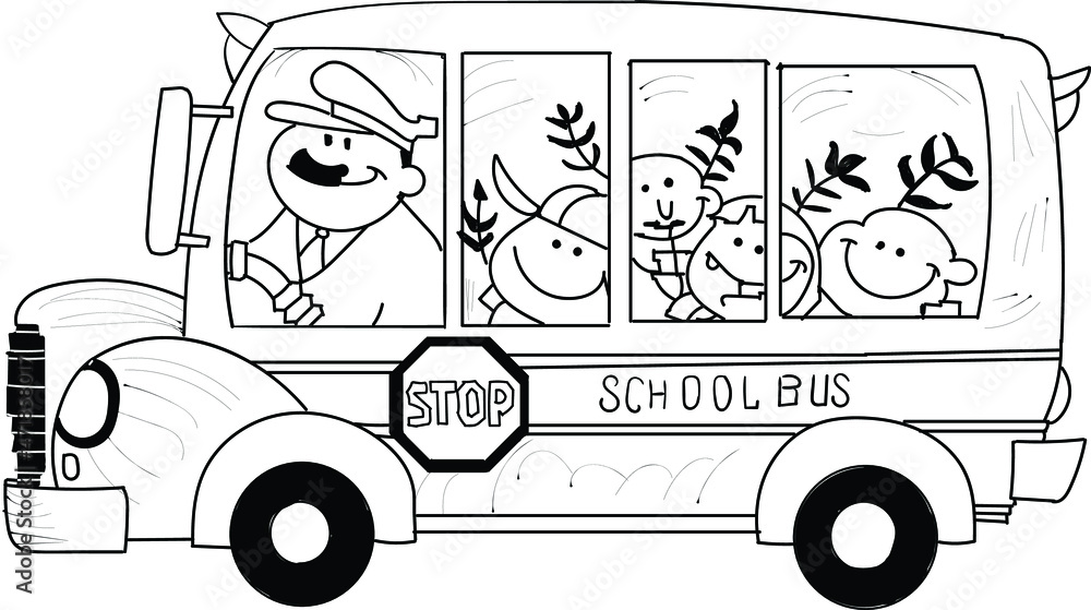 Indian vector illustration of school bus with kids and drive line ...